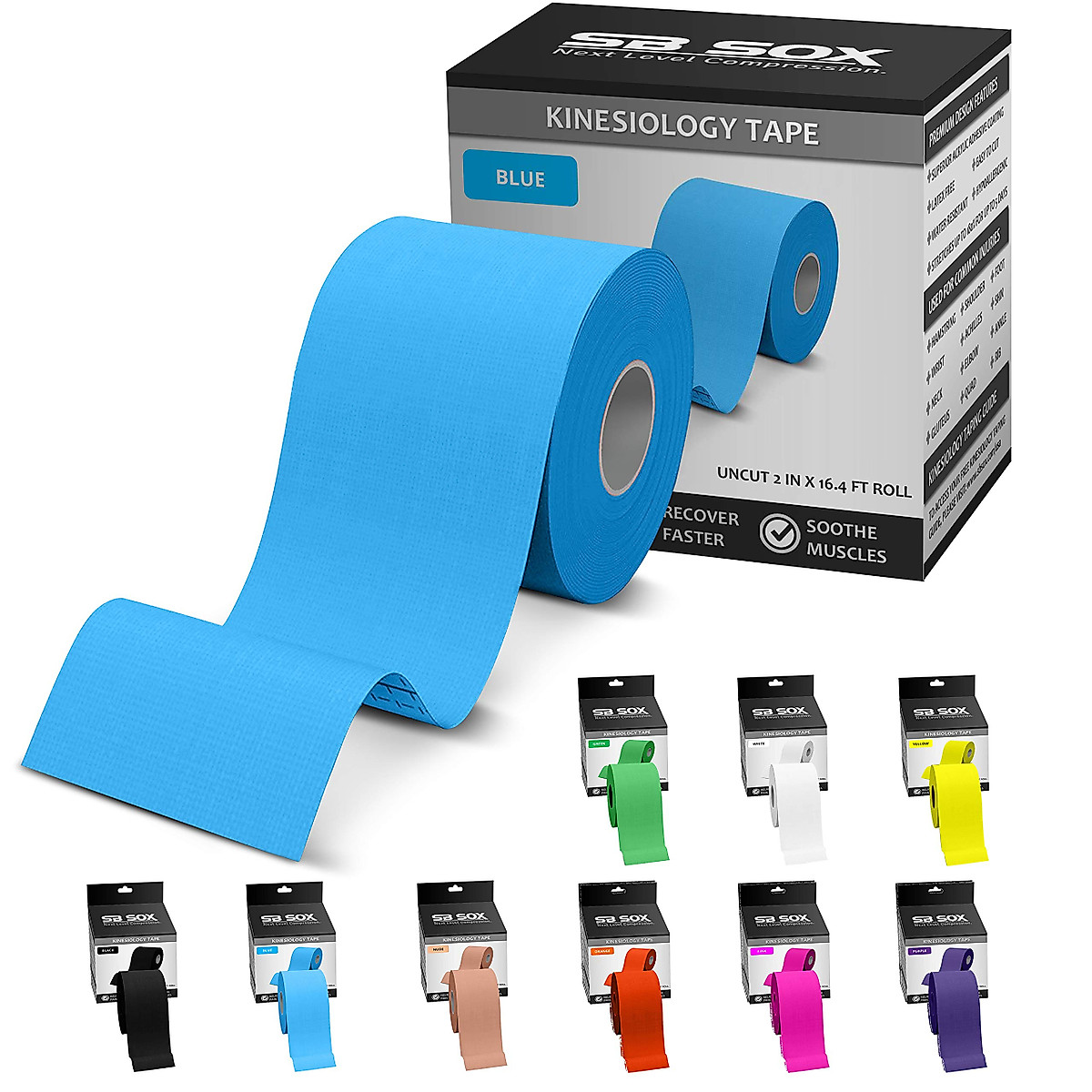 SB SOX Original Cotton Kinesiology Tape Roll – Best Latex Free Athletic Tape for Muscles/Joints – Waterproof, Stretchy, and Gentle on Skin (16ft) (Blue)