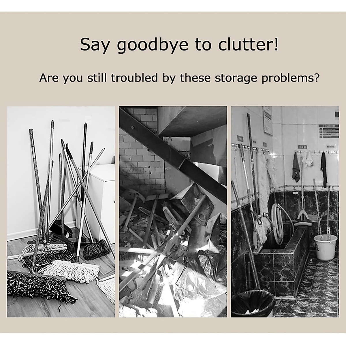 DMUNIZ Mop Storage Racks, Broom Holder Organizer, 5 Racks, 6 Hooks, Stainless Steel, for Garage, Laundry Room, Closet, Tool Storage, 11 Positions