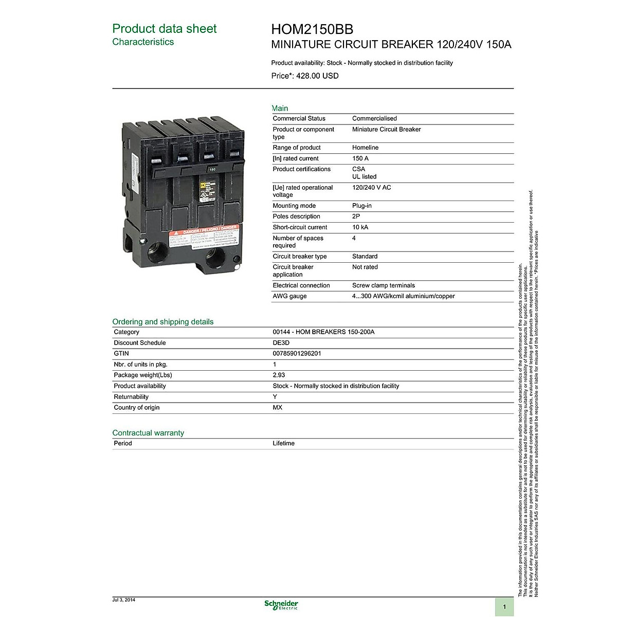 Homeline Plug-on Circuit Breaker HOM2150BB Branch 150 AMP UL Approved