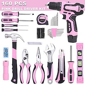 FASTPRO 160-Piece Pink Tool Set with 12V Cordless Lithium-ion Drill Driver, Lady's Home Repairing Tool Kit with Drill in Storage Case, For DIY, Home Maintenance.