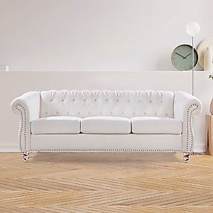 Vaztrlus White Velvet Couches for Living Room 3-Seater Chesterfield Sofa Tufted Sofa Furniture Couch Nailhead Upholstered Couches Minimalis Light Luxury Easy to Assemble