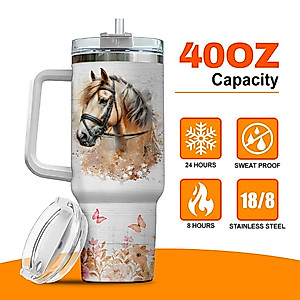99WHALE Horse Stable Watercolor Floral, Tumbler 40 Oz With Handle Lid And Straw, For Keep Handle Coffee Me Cups Women Lovers Horses Tumblers Flower, Horse Gifts