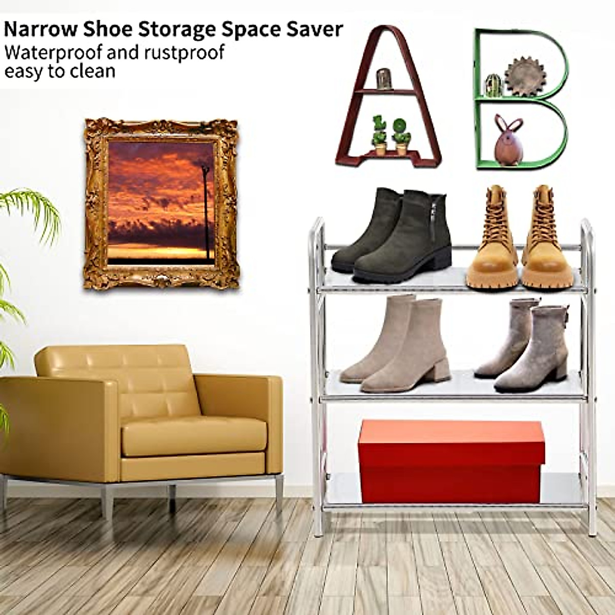 susunnus Stainless Steel Storage Shelf Free Standing Shelf Units Narrow Shoe Rack Slim 5 Tier Shoes Organizer for Entryway, Hallway, Closet, Kitchen, Bathroom (Sliver)