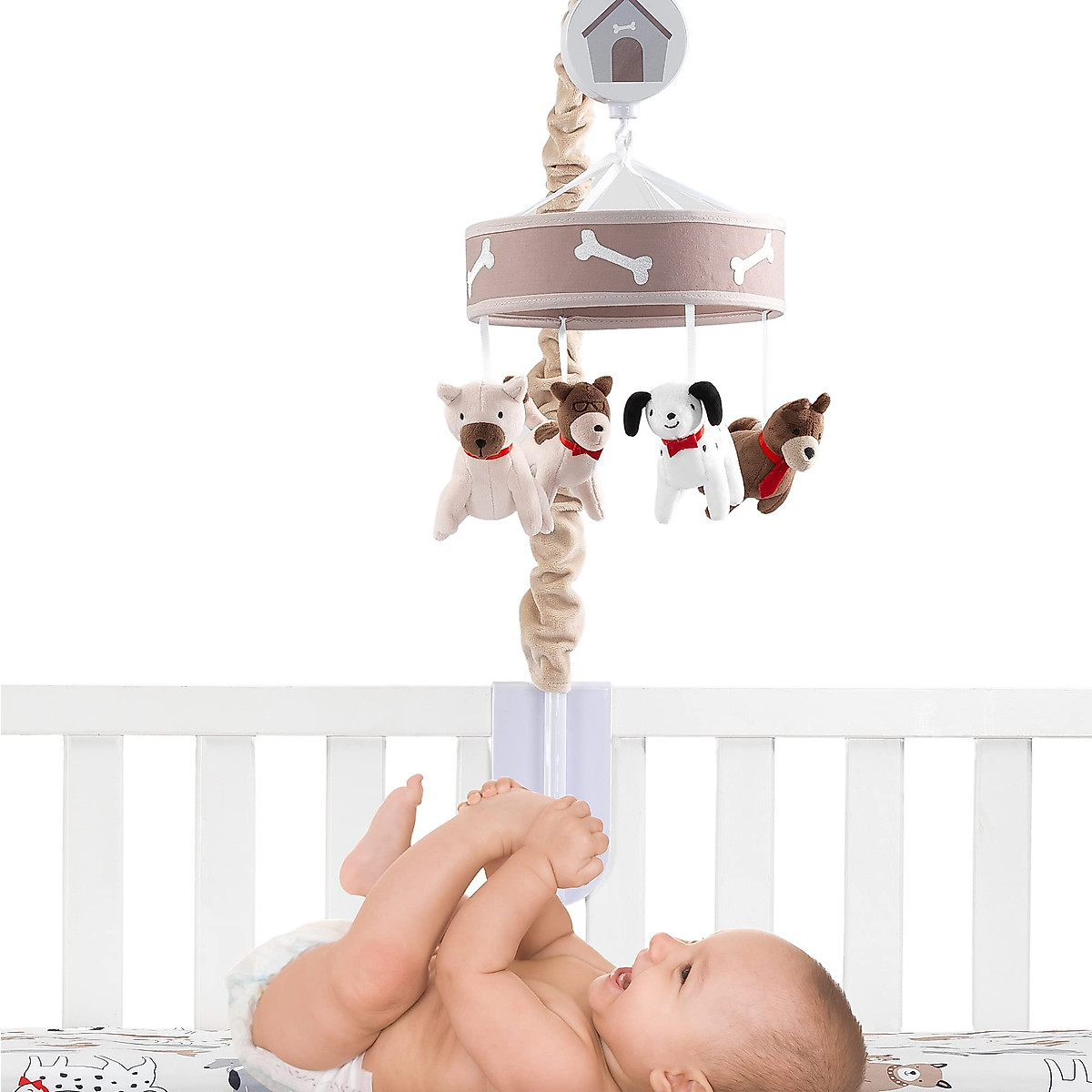Lambs & Ivy Bow Wow Beige Dogs/Puppies Musical Baby Crib Mobile Soother Toy