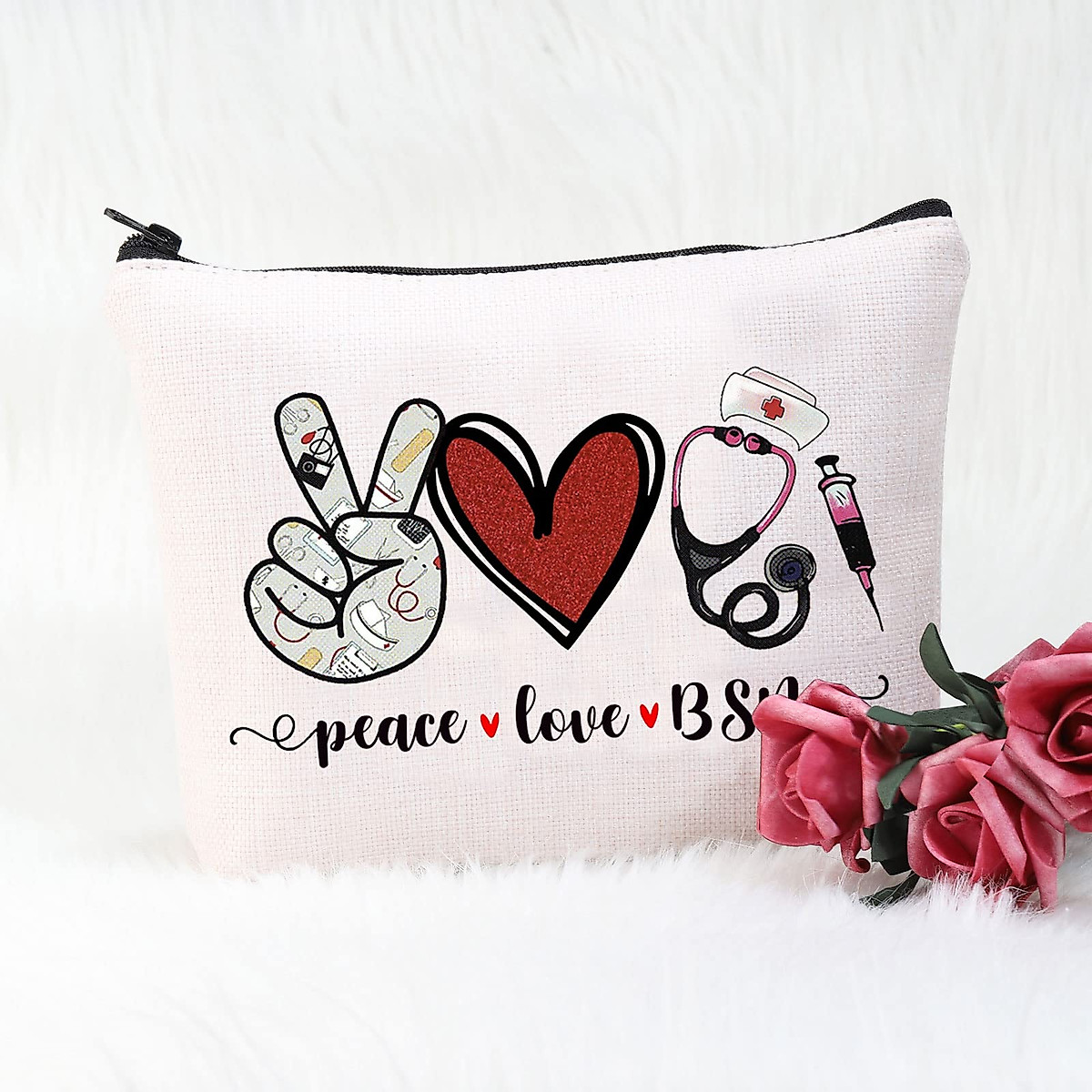 POFULL BSN Nurse Graduation Gift BSN Degree Nursing School Gift Peace Love BSN Cosmetic Bag Happy Nurse Day Gift (peace love BSN bag)