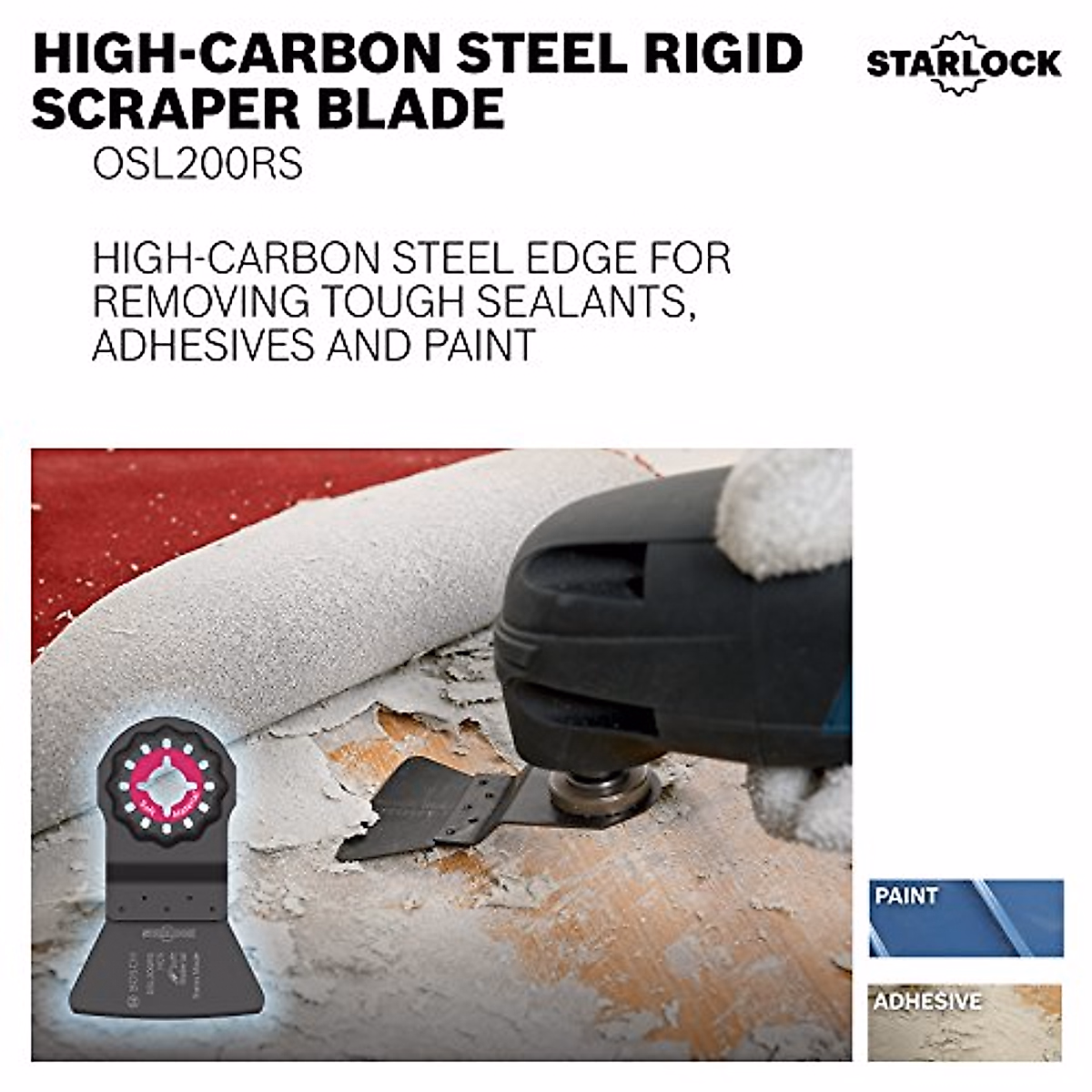 BOSCH OSL200RS 1-Piece 2 In. Starlock Oscillating Multi Tool Soft Materials High-Carbon Steel Rigid Scraper Blade for Removing Tough Sealants, Adhesives, Paint