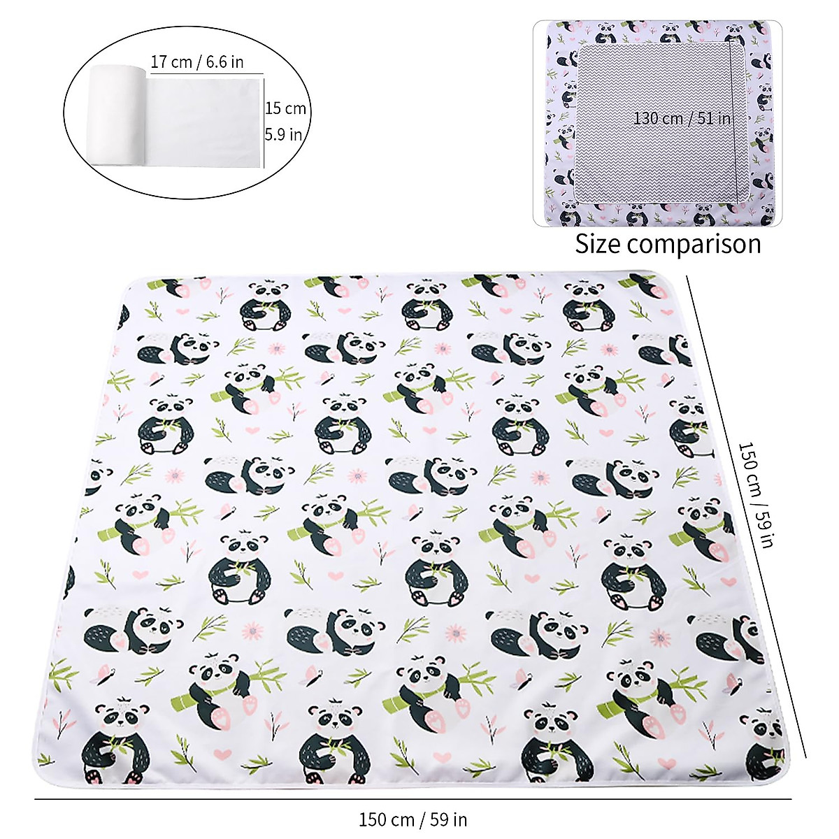 ChicMoments 59'' Huge Toddlers' Highchair Splat Mat, Panda Non-Slip Baby Place Mat, Kids' Leakproof Splash Spill Floor Mat with 2 Rolls Bamboo Clean Cloth (59 * 59‘’/150 * 150cm, Panda)