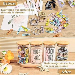 Lucomb Glass Apothecary Jars with Lids for Bathroom Storage Organizer, 4 Packs Cotton Ball Q-Tip Holder Hair Tie Organizer & Bobby Pin Holder Great for Funny Bathroom Canisters Decor Farmhouse Style