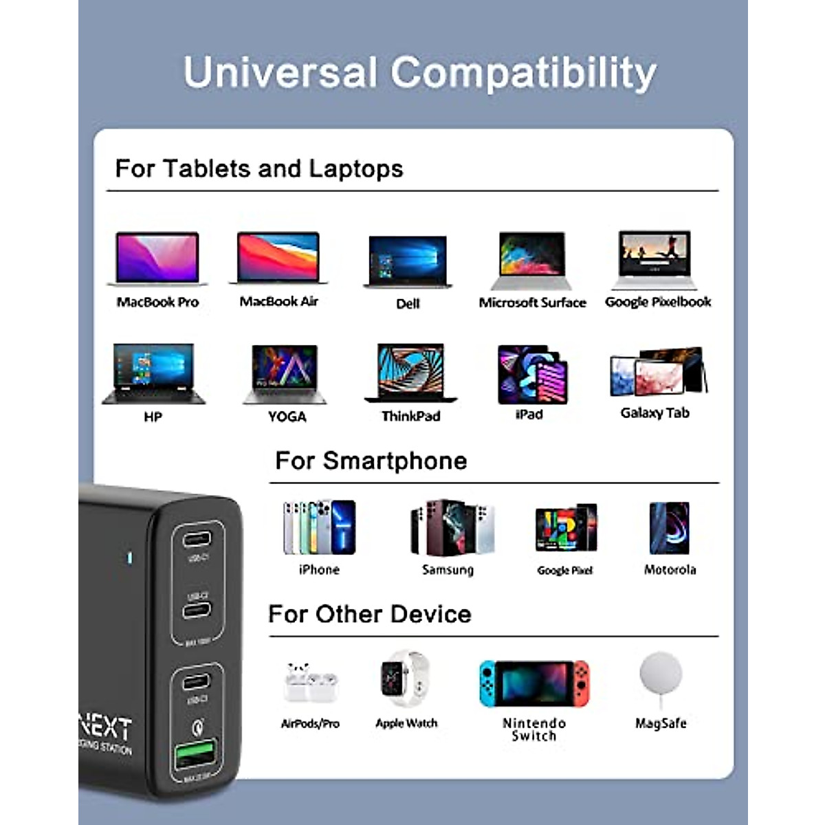 100W USB C Wall Charger,GaN III 4-Port PPS PD Fast Charging Station,GOLDNEXT Foldable Power Block with Type C Cable Compatible with MacBook Pro/Air,XPS,iPad Pro,iPhone14/13 Max,Galaxy S22/S21,Pixel 7