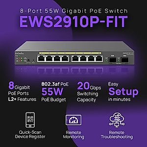 EnGenius Fit L2 Plus Managed 8-Port Gigabit PoE Switch | 55W Budget | 2 SFP Uplink Ports | 20 Gbps Switching Capacity [EWS2910P-FIT]