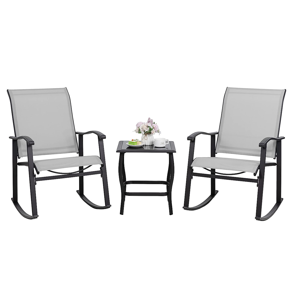 Shintenchi 3 Piece Rocking Bistro Set, Outdoor Furniture with Rocker Chairs and Glass coffee table set of 3, Balcony, Porch Furniture for Small Space, Light Gray