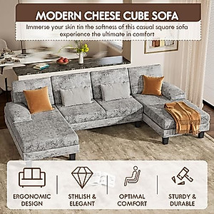 Shahoo Sectional Couch Living Room Sets Chenille Fabric U-Shaped Sofa with Double Chaises, Dark Gray