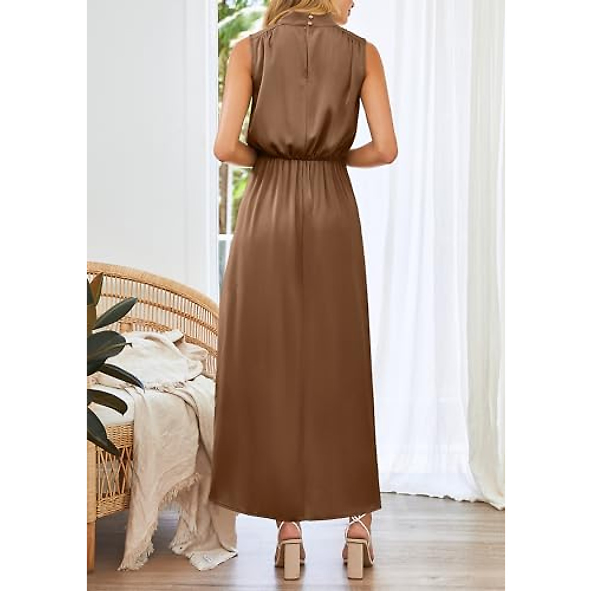 PRETTYGARDEN Women's Long Formal Satin Dress Mock Neck Sleeveless Side Slit Flowy Maxi Tank Dresses (Brown,Medium)
