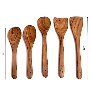 5 Piece Non-Stick Acacia Wooden Cutlery Spoon Set For Cooking, Wood Kitchen Utensils Salad Spoon Fork & Turner, Ladle & Flat Spatula Set, Long Handle Cookware Tools, 12 & 10 Inch, Natural Brown