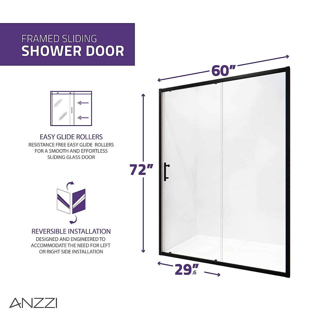 ANZZI 72 x 60 inch Framed Shower Door in Matte Black, Halberd Water Repellent Glass Shower Door with Seal Strip Parts, Easy Gilde Rollers Sliding Shower Door, SD-AZ052-02MB