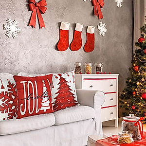 DIYDEC 4PCS Christmas Pillow Covers 18x18 inch Winter Throw Pillow Covers Red Christmas Tree Snowflake Pillow Covers Hello Winter Holly Jolly Decor Cushion Case for Holiday Home Sofa Couch