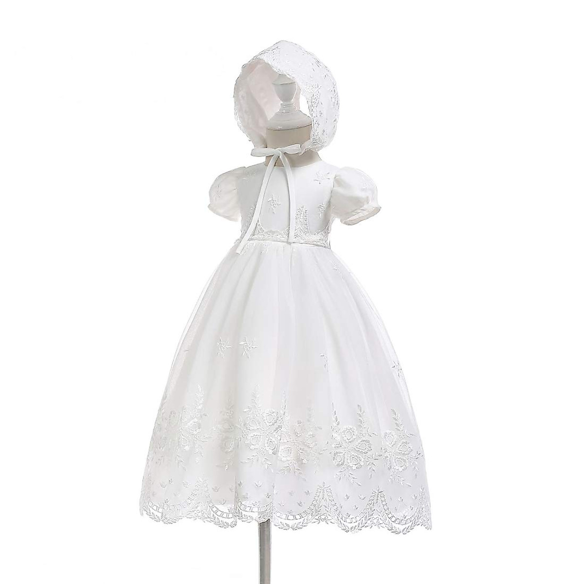 DINGDONG'S CLDINGDONG'S Closet Baby Toddler Girls Christening Baptism Embroidered Flower Dress with Bonnet 2Pieces Grown Outfit(6Months)
