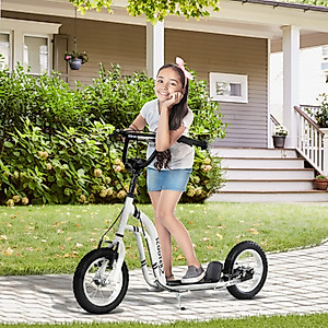 Aosom Youth Scooter Front and Rear Caliper Dual Brakes 12-Inch Inflatable Front Wheel Ride On Toy for Age 5+, White