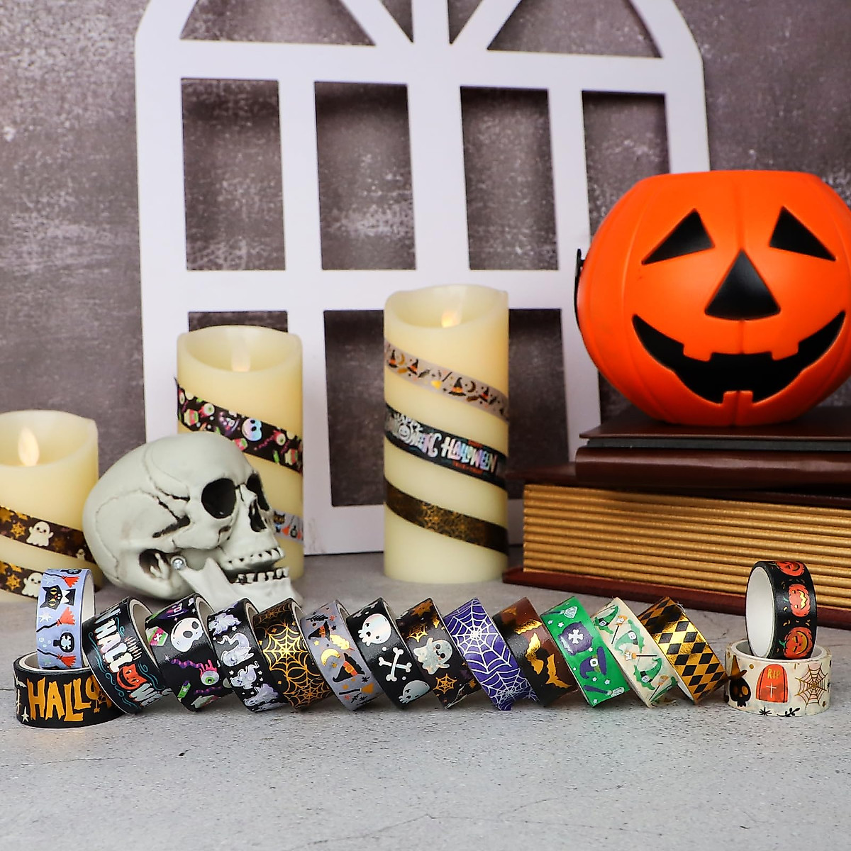 16 Rolls Halloween Washi Tape Holiday Masking Tape Black Halloween Stickers Glod Foil Decorative Tape for Halloween Scrapbook Journal DIY Craft Gift Wrapping（Halloween