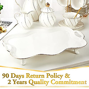 DUJUST Porcelain Serving Tray with Handles, Luxury British Style Coffee Table Tray with Golden Rim, Beautiful Tea Tray Decor for Living Room, Easy to Use & Clean