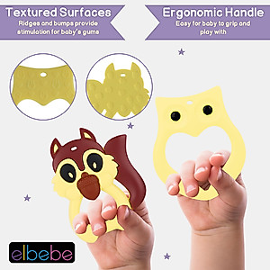 Elbebe Silicone Teething Toys - Baby Teething Toys - Baby Teether - Silicone Teethers for Babies - Baby Chew Toys - Silicone Baby Teether - Infant Teething Toys - Owl & Squirrel - Set of 2