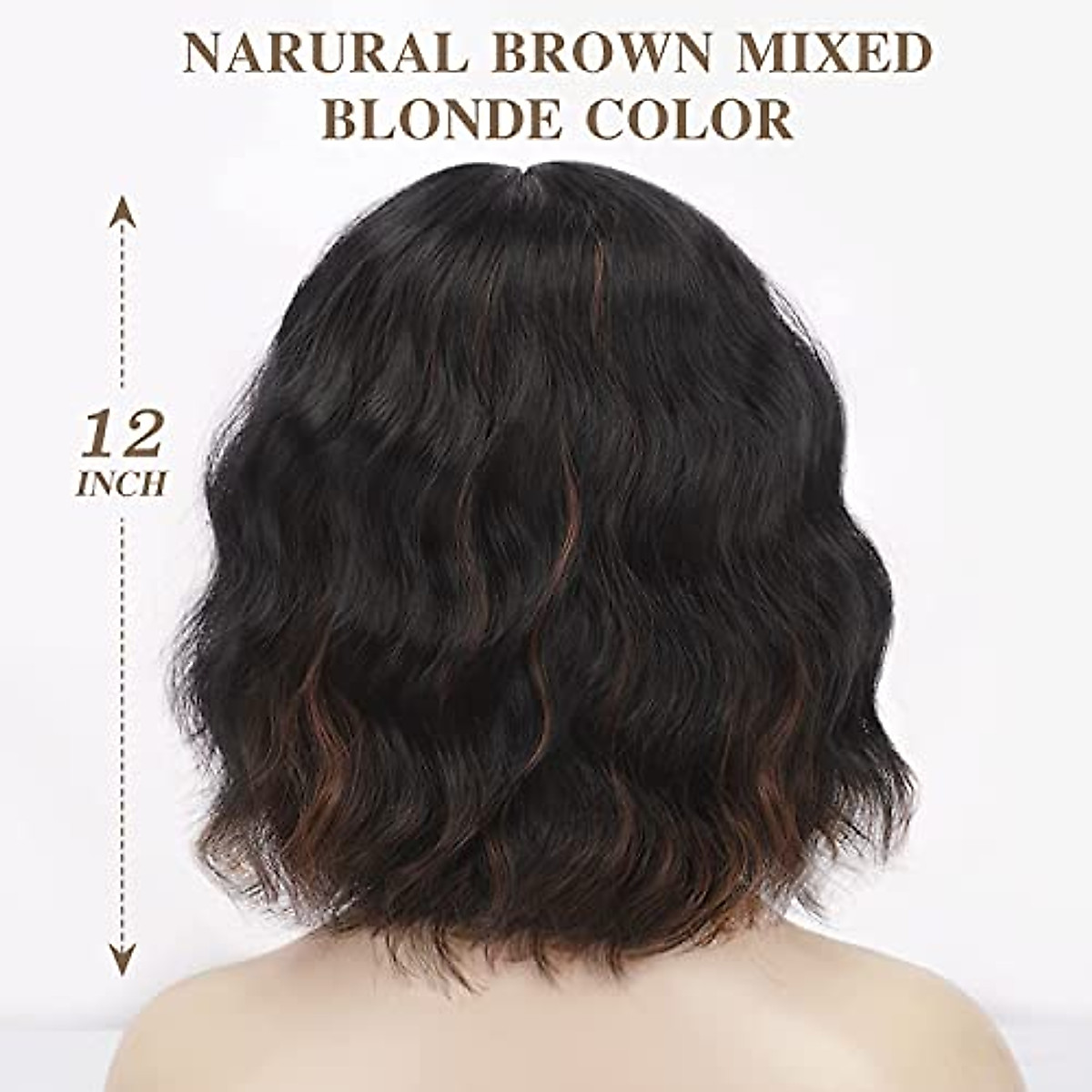 ENTRANCED STYLES Wavy Bob Wigs with Bangs for Women Black Mixed Brown Short Wavy Bob Curly Wig Synthetic Natural Looking Heat Resistant Fiber Wig