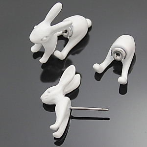 RechicGu White 1Pair 3D March Hare Rabbit Fairytale Wonderland Earrings Fake Ear Taper Plug Studs