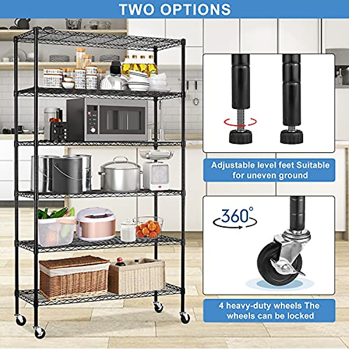 Hkeli Storage Metal Shelf Heavy Duty Wire Shelving Unit with Wheels 48inchx18inchx82inch Sturdy Steel Adjustable NSF 6 Tier Rack Standing Garage Shelves for Restaurant Garage Kitchen, Black