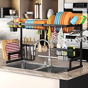 PUSDON Over Sink Dish Drying Rack (26"-37"), Adjustable Large Dish Drainer for Storage Kitchen Counter Organization, 2 Tier Stainless Steel Over Sink Dish Rack Display (Black, Sink Size≤37inch)