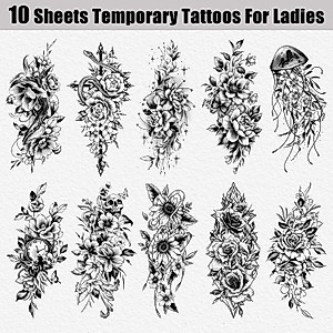 Cerlaza Half Sleeves Temporary Tattoos for Women, Half Arm Sleeve Fake Tattoo Stickers for Body Makeup, Large Black Flower Realistic Temp Tattoos for Girls Adult - 10 Sheet