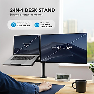 HUANUO Laptop Monitor Mount with Tray for 13- 27 inch, Fully Adjustable Laptop Notebook Desk Mount Stand up to 17 inch, Weight up to 22lbs, Extension with Clamp and Grommet Mounting Base
