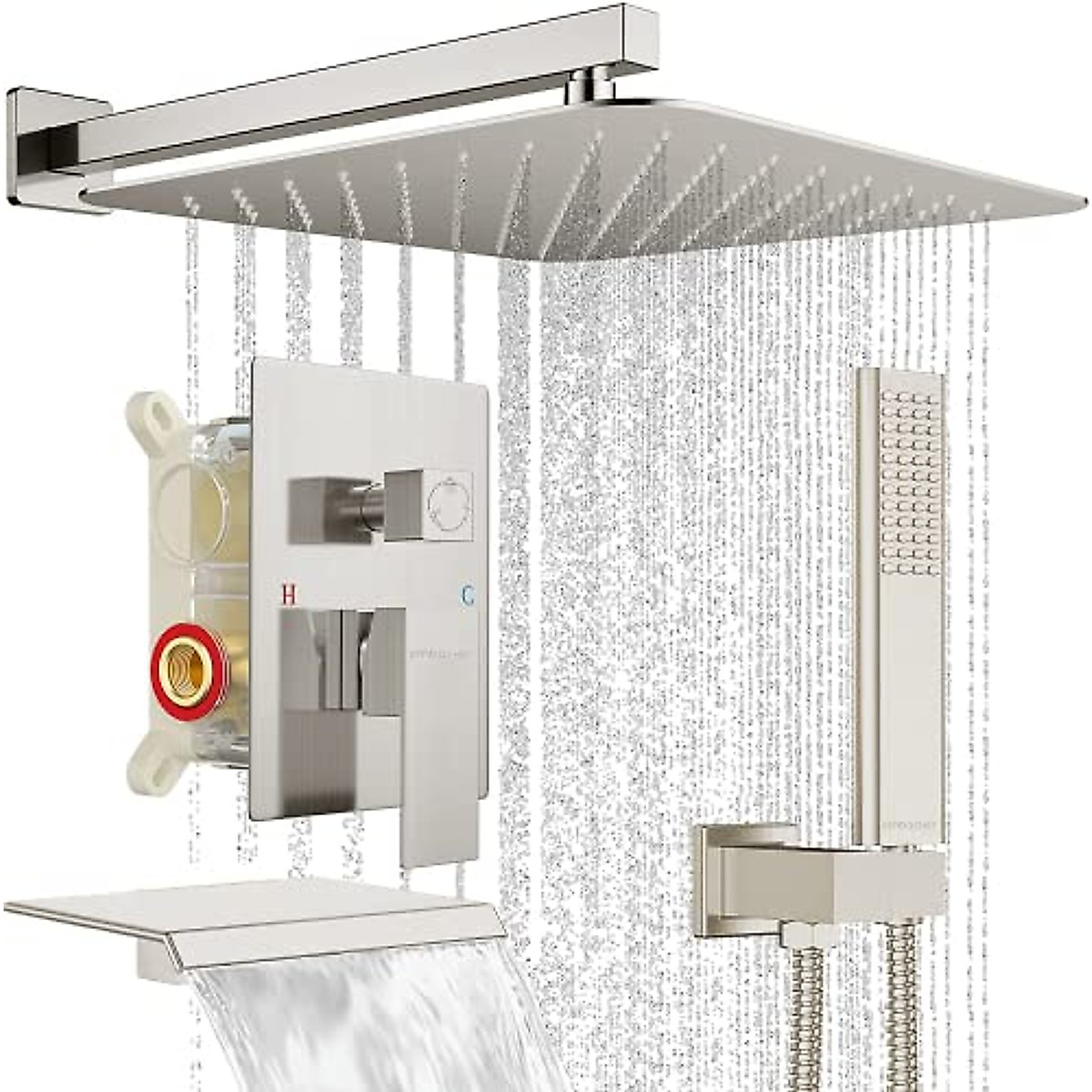EMBATHER Shower System with Tub Spout,12 Inch All-Metal Tub Shower Faucet Combo Complete, Wall Mounted Rain Shower Head with Handheld Spray, Brushed Nickle (with Brass Valve and Trim kit)