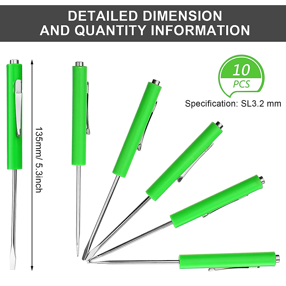 10 Pieces Pocket Screwdriver Mini Tops And Pocket Clips Pocket Screwdriver Magnetic Slotted Pocket Screw Driver with A Single Blade Head for Mechanical, Electrician (Green)