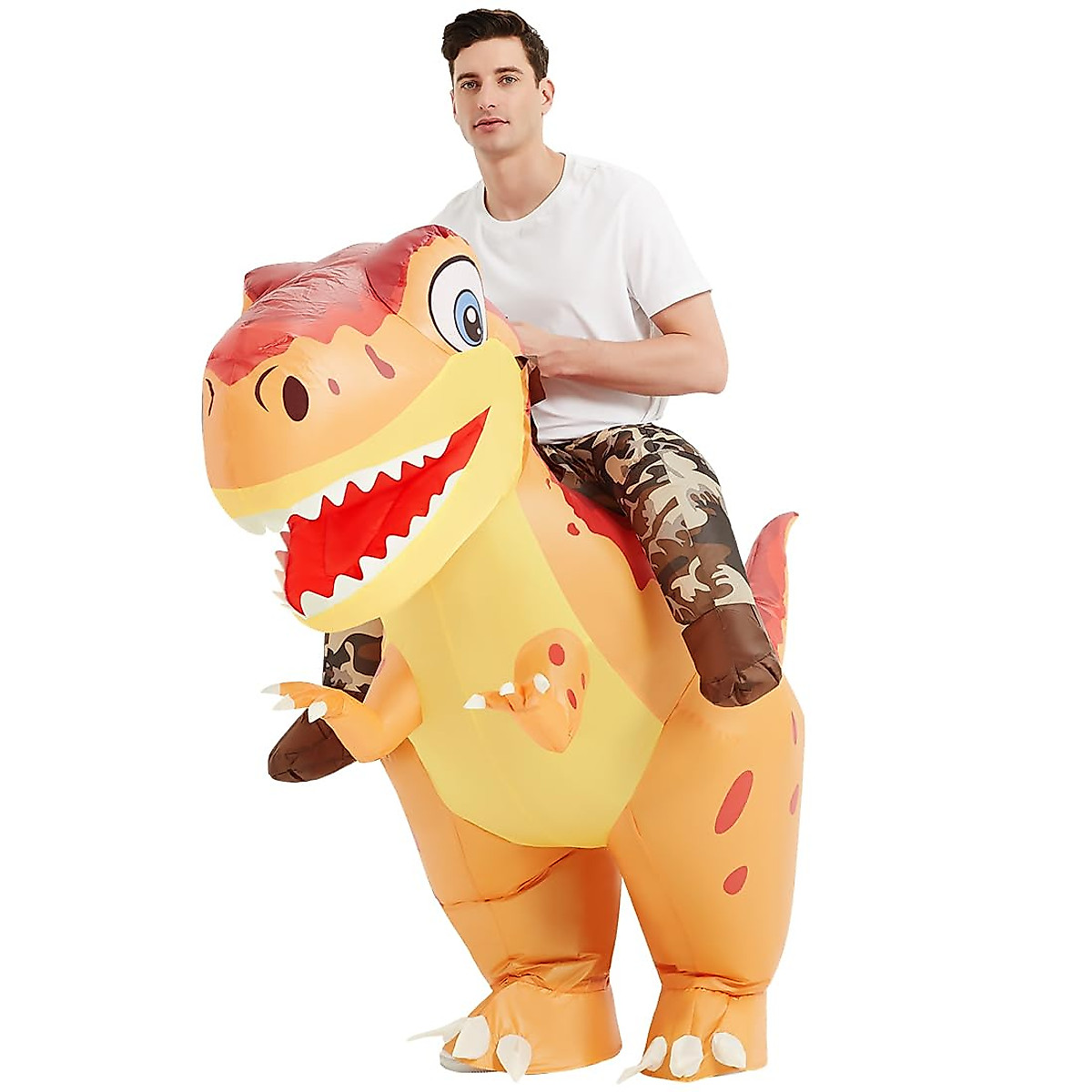 COMIN Inflatable Dinosaur Costume for Adults Inflatable Ride on Costume Blow Up Trex Costume Dino Inflatable Orange Costume for Halloween Party