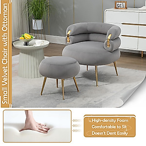 Antetek Modern Velvet Accent Chair with Ottoman, Upholstered Sofa Chair with Stylish Golden Decor, Comfy Arm Chair Leisure Lounge Chair for Living Room, Bedroom, Office, Grey