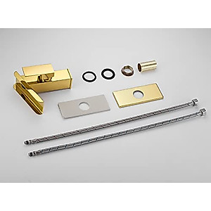 Bathroom Sink Faucet Gold Single Handle 1 or 3 Hole 4 Inch Waterfall Open Spout Bathroom Faucets Modern Brass Lavatory Bath RV Vanity Sink Faucets Basin Mixer Tap with Supply Line Cover Plate