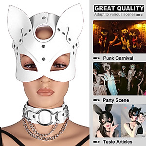 Women's Body Harness Leather Mask and Metal Chain Necklace for Masquerade Party Punk Carnival Gothic Halloween Accessories (White)