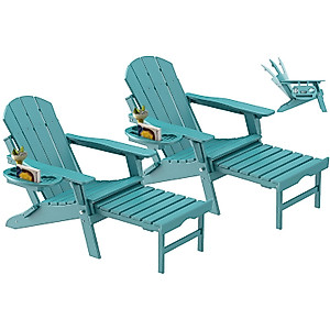 NAVINE Adjustable Adirondack Chair with Retractable Ottoman Set of 2, HDPE Folding Adirondack Chair with Cup Holder, All Weather Fire Pit Chair for Outdoor.