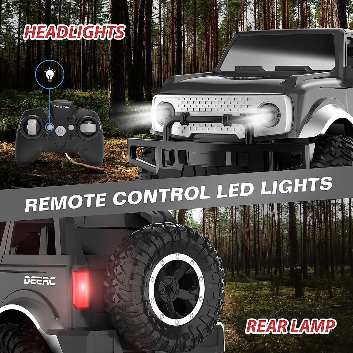 DEERC Remote Control Jeep Car with Realistic Headlight & Taillight, 160 Mins Play SUV Vehicle with Spare Tire, 2.4Ghz 1:18 All-Terrain Monster Trucks for Boys, Off-Road RC Trucks Gift for Kids