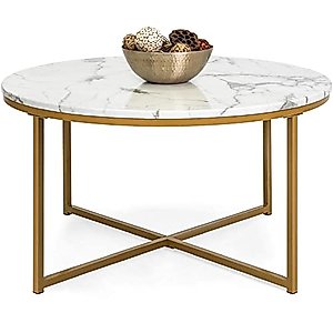 Best Choice Products 36in Faux Marble Accent Table, Modern End Table, Large Coffee Table Home Decor for Living Room, Dining Room, Tea, Coffee w/Metal Frame, Foot Caps, Designer - White/Gold