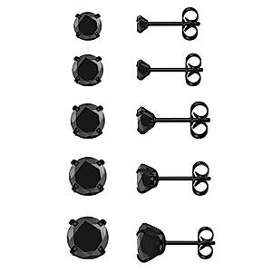 Top Plaza Black Stainless Steel Stud Earrings Round Cubic Zirconia Hypoallergenic CZ Earring Set for Women Men 3mm-8mm