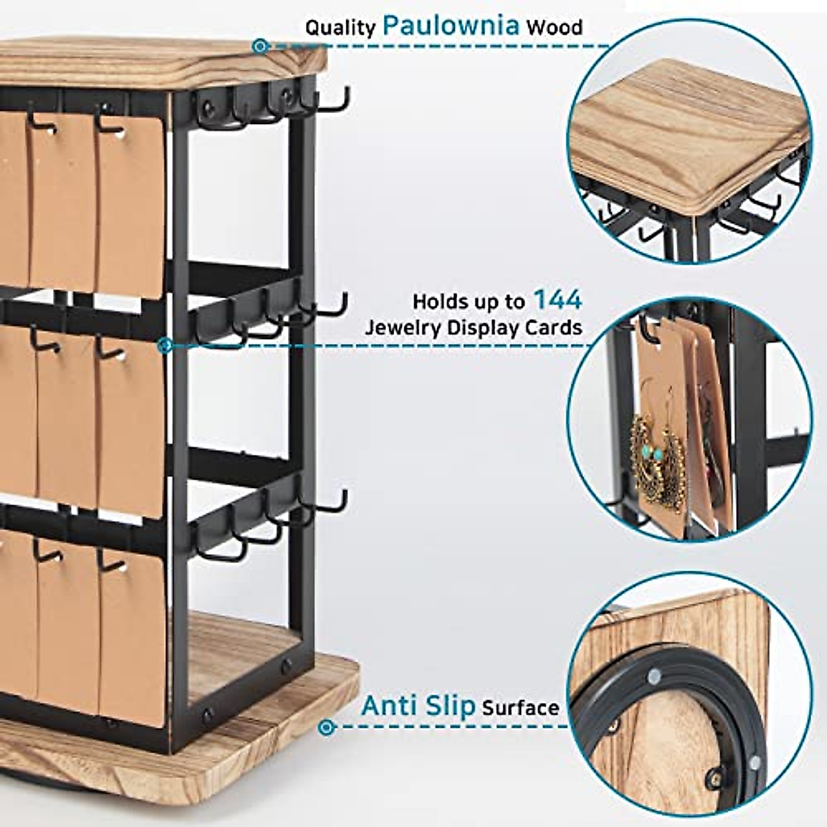 J JACKCUBE DESIGN 3 Tier 360 Rotating Black Metal Earring Holder Organizer, Jewelry Display Rack, Vintage Farmhouse Style Stand for Necklaces, Piercings with 48 Hooks and Wood Tray Shelf -MK1073A