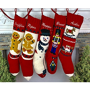 Personalized Hand Knit Mary Red Wool Snowman Chirstmas Stocking with Optional Personalization