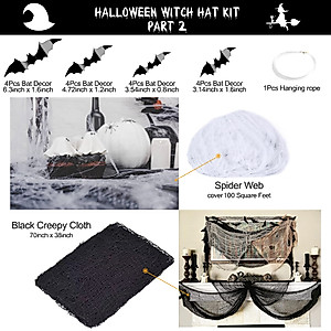 LINAYE Halloween Witch Hat XXL Kit - 12 PCS Black Witch Hats with Hanging Rope,16 PCS 3D Bat,Spider Web,Creepy Cloth Halloween Hanging Decoration Wizard Hats Halloween Decorations Decor