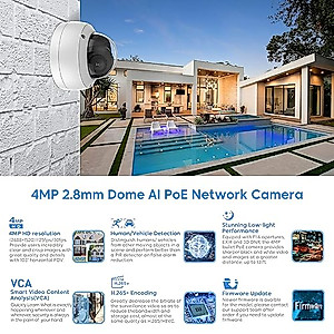 HITOSINO 4MP Dome PoE IP Camera - DarkFighter 0.003 Lux@F1.4, Smart VCA Human/Vehicle Detection, 98ft Night Vision, Mic, Alarm Input/Output, Metal IP67 IK10