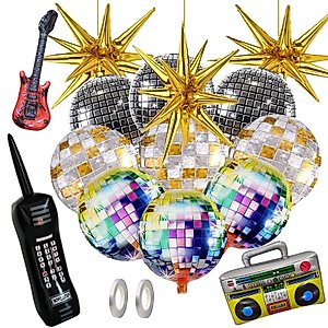 80s 90s Party Decorations, 15Pcs Disco Ball Balloons Gold Explosion Star Foil Balloons Inflatable Boom Box Guitar Mobile Phone Balloons for 80s 90s Hip Hop Theme Birthday Party Decor Supplies
