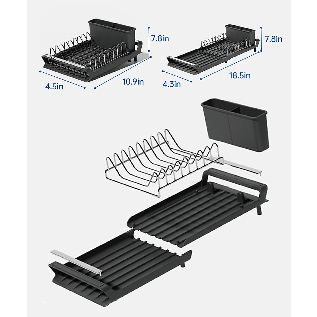 TOOCA BEAR Expandable Small Dish Drying Rack, Dish Racks for Kitchen Counter Dish Drainer with Removable Cutlery Holder, Dish Racks for Sink, Grey