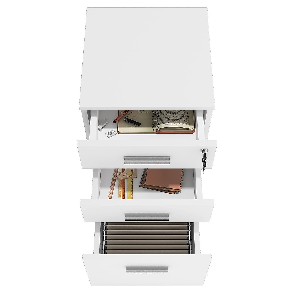 Lazio 26 Inch File Cabinet with Lock - Filing Cabinet for Home and Office - 3 Drawer File Cabinet with Wheels for A4 Sized Letters/Documents, Legal Sized Documents, Hanging File Folders - White/White