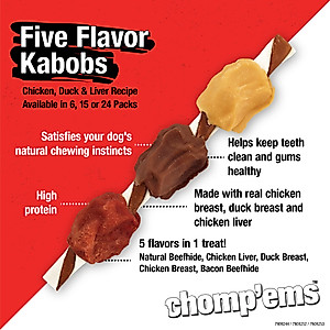 CHOMP 'EMS Five Flavor Kabobs Dog Treats - Beefhide Chewstick - High Protein Dog Chews, 15 Count