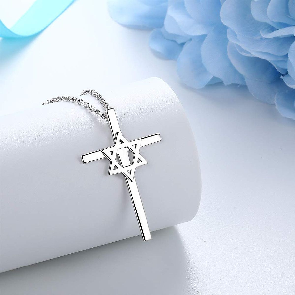 Star Of David Necklace for Women Men 925 Sterling Silver Jeweish Star Necklace Magen David Necklace Star of David Charm Cross Pendant Necklace Jewish Jewelry for Womens Chrismtas Gifts FP0110W